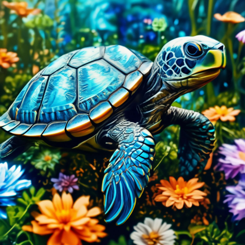 "Blue neon turtle among plants and flowers, floral embroidery,grunge ...