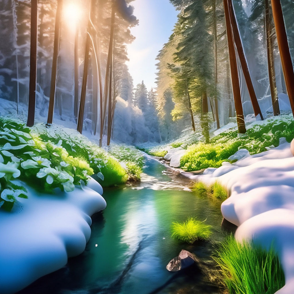 "A winter forest with snow on one side of the river turns into a summer ...