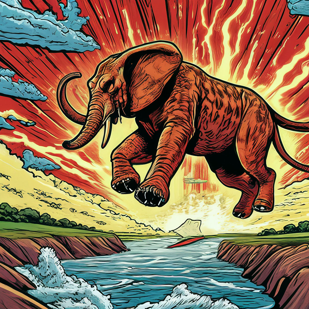 "Tiger-elephant jumps over the red river, lightning in the sky, comic ...