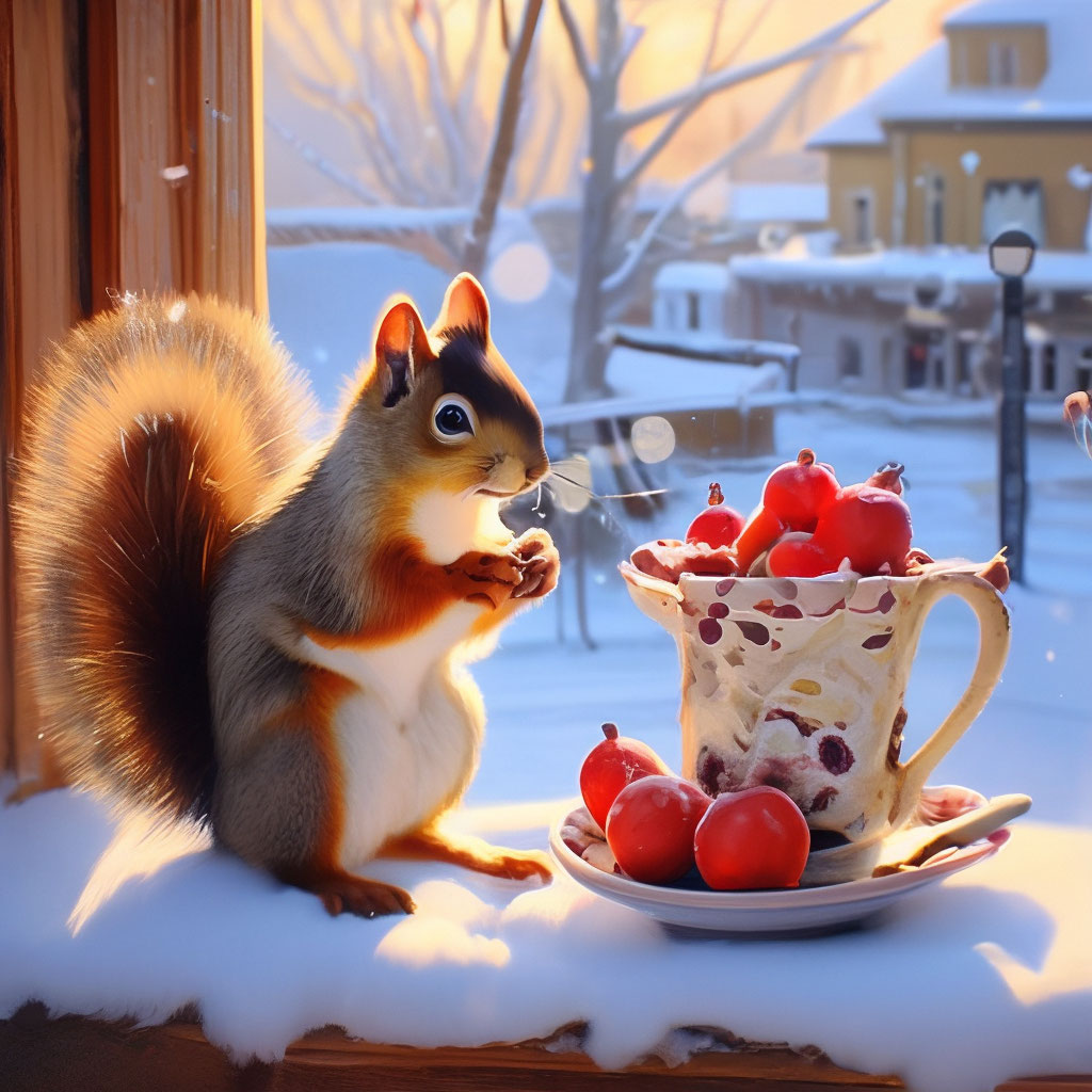 "Good winter morning, squirrels, snow" — image created in Shedevrum