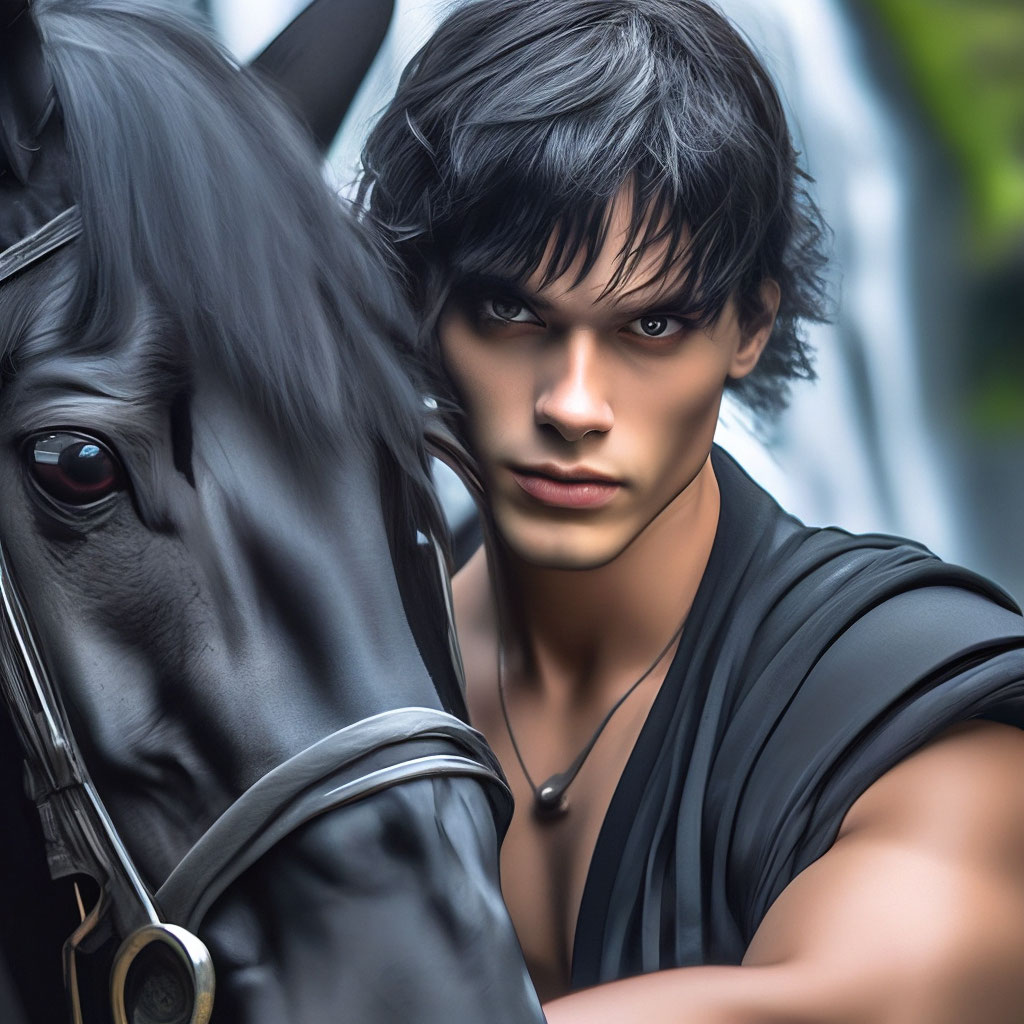 "Young male demon 25 years old, side-parted haircut,short black hair ...
