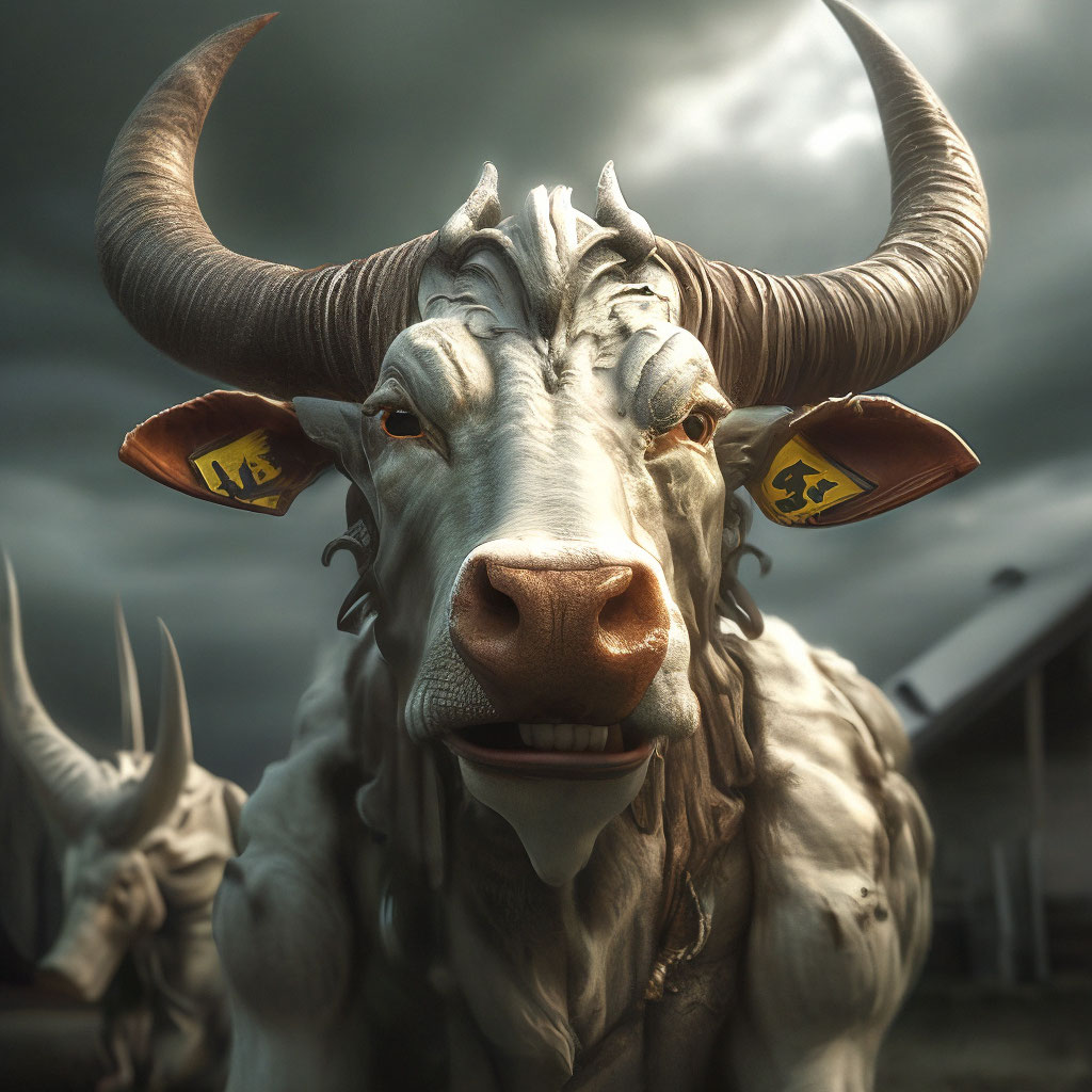 "Demon cow, horns, anthropomorphic, high quality, detail, realism ...