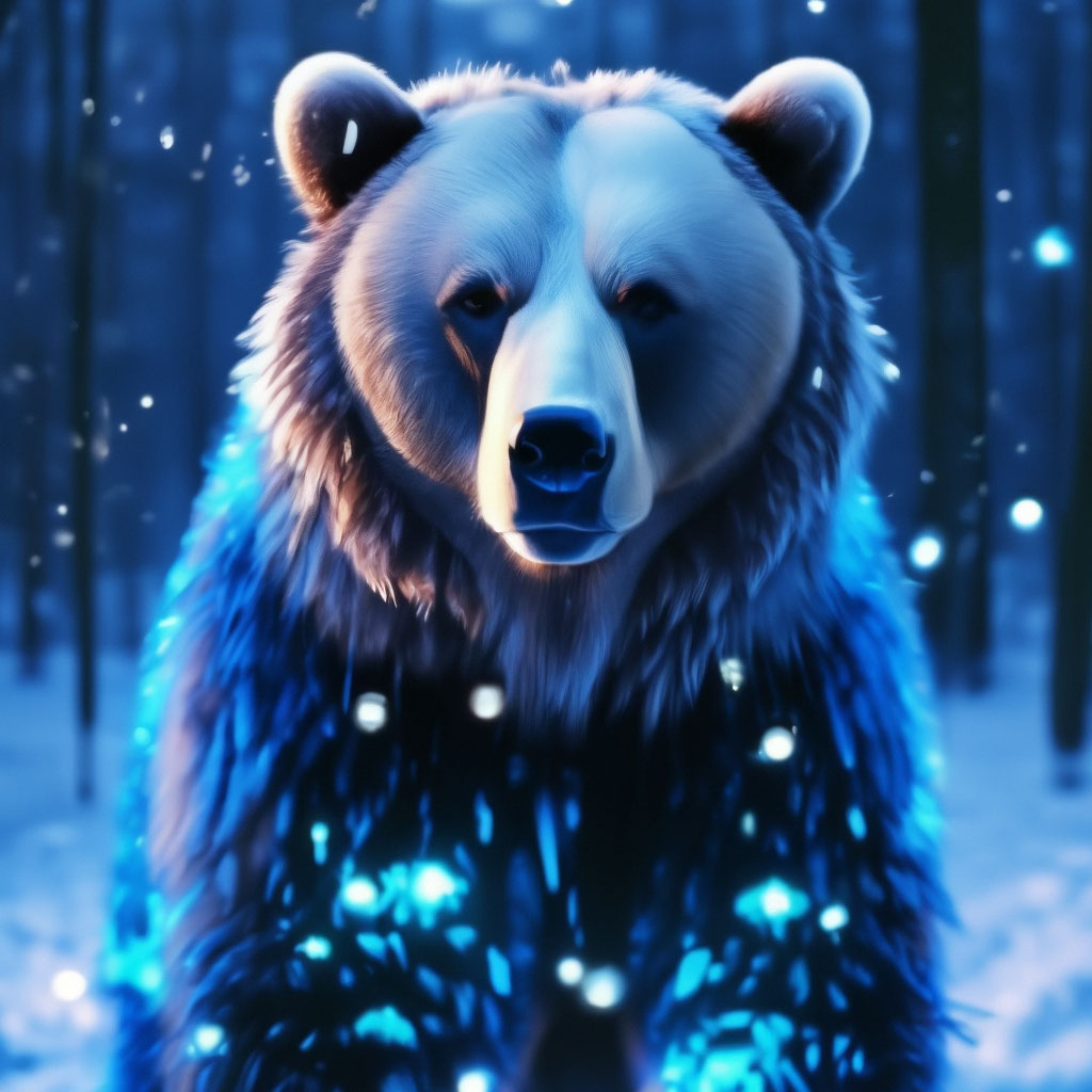 "Beautiful big realistic neon bear Winter Snow fireflies Evening Blue ...