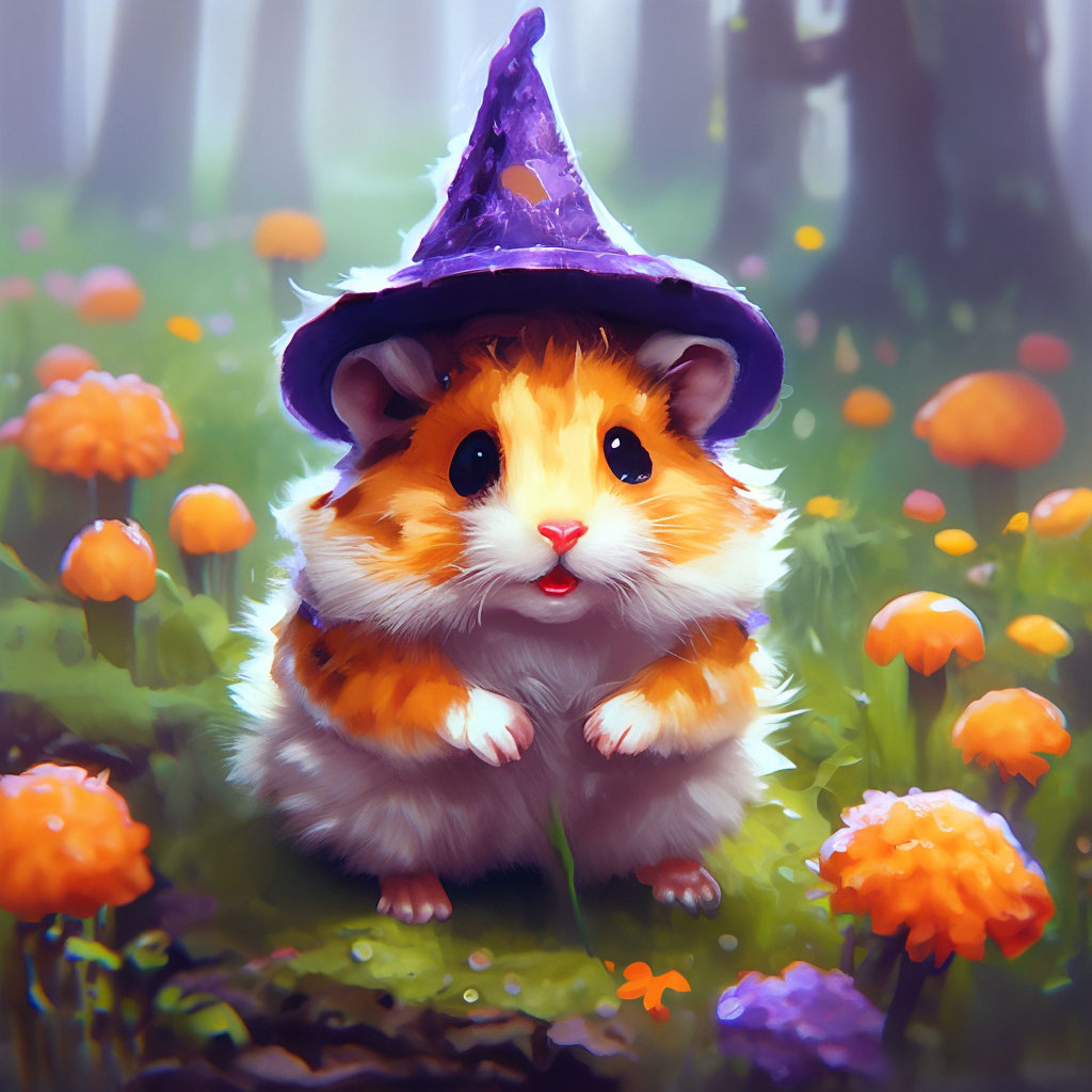 "Cute fluffy field hamster in a witch hat, sketch, surrealism, art ...