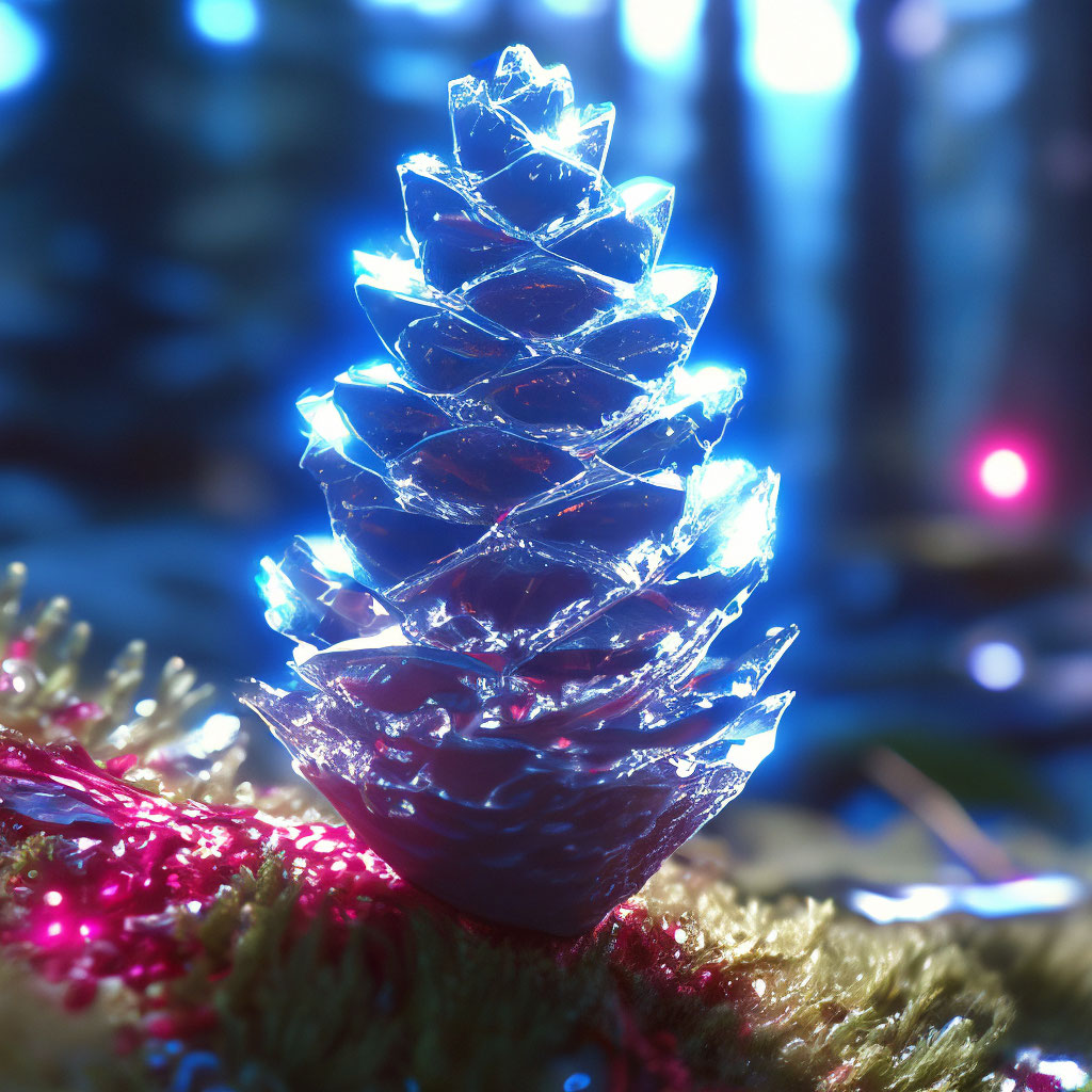 "Ghostly translucent fir cone, futuristic shimmering forest, blue ...