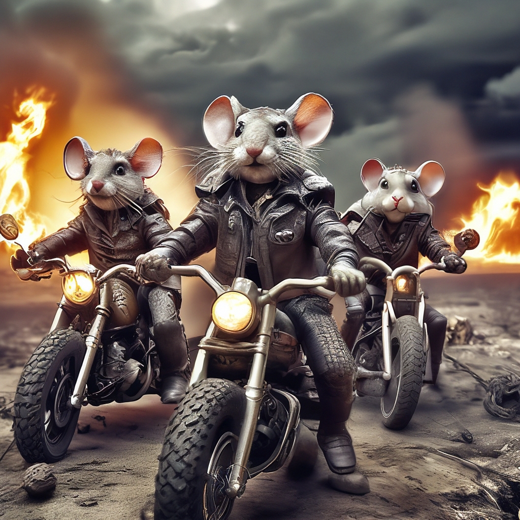 "Three brutal "rocker mice from Mars", anthropomorphic, leather open ...