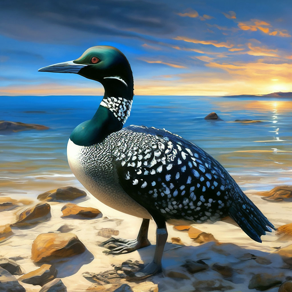 "💎 Loon stands on a stone sandy beach, sea in the distance, beautiful ...