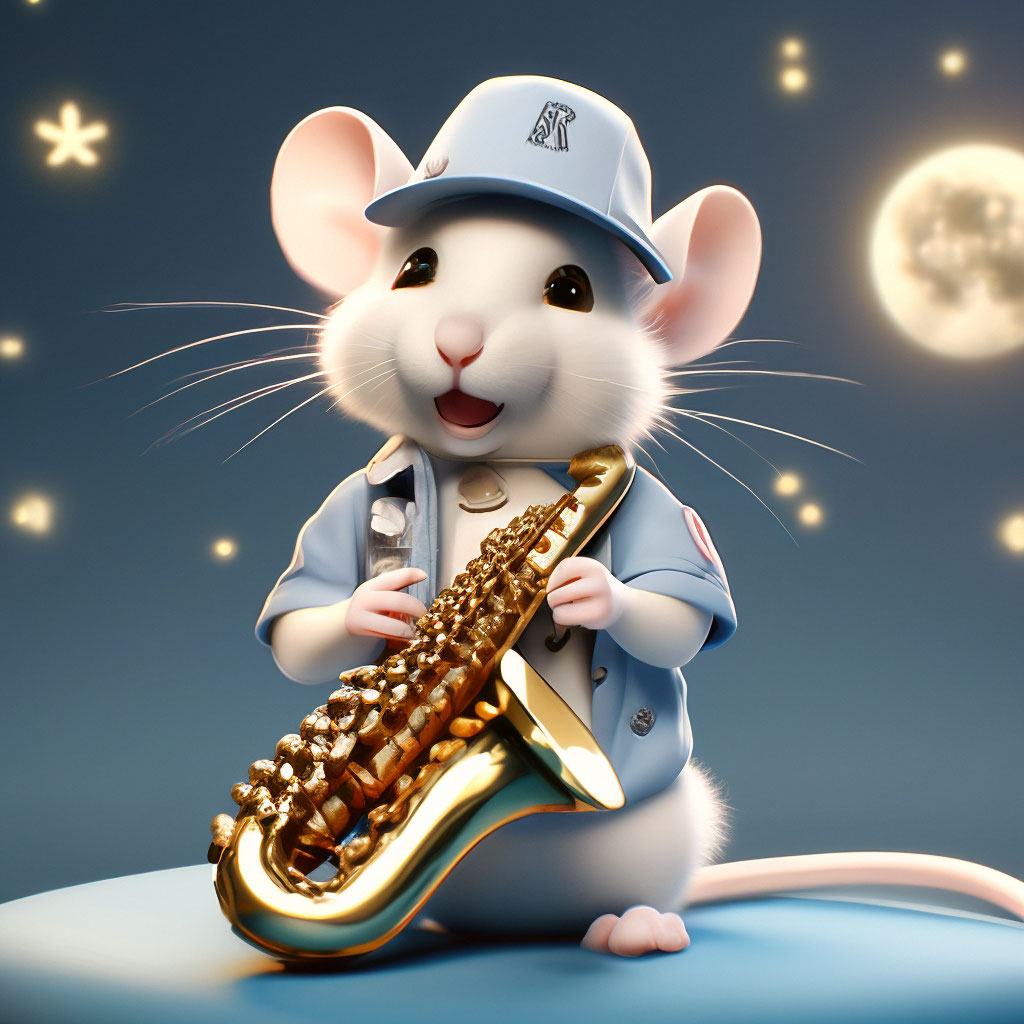 ""idea lottery" little white mouse playing the saxophone, hat, t-shirt ...