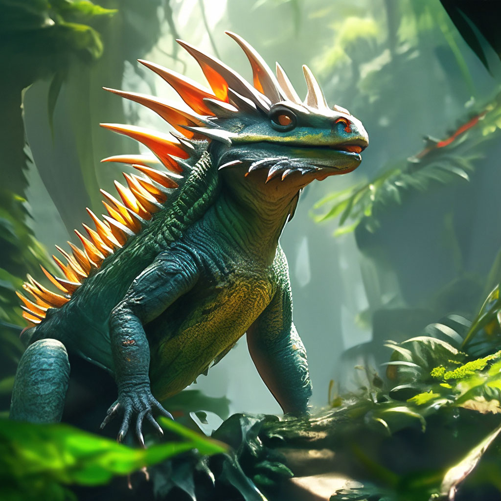 "Lion-sized lizard spiked jungle, 4k, full height" — image created in ...