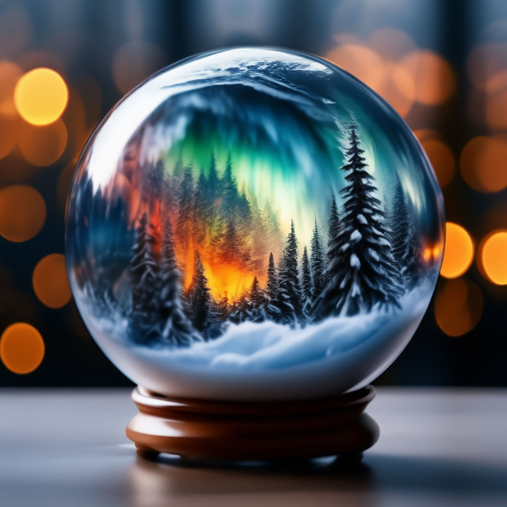 "In a glass ball, winter transparent frosty patterns, fire patterns ...