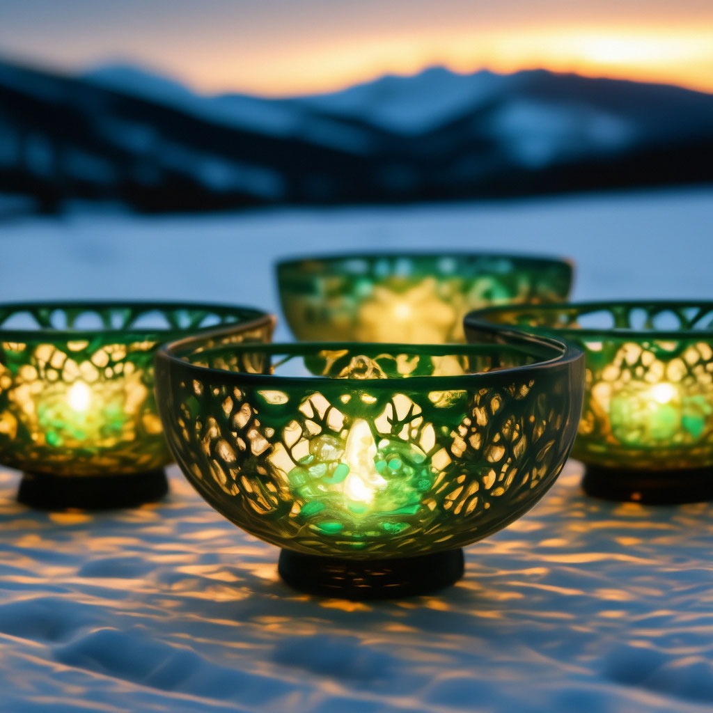 "Several magnificent alabaster filigree bowls on a snow-covered field ...
