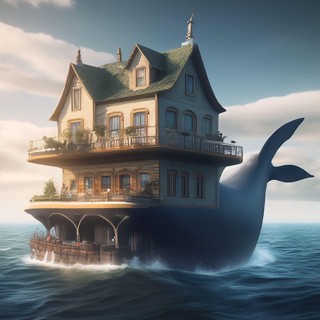 "A house on a whale floats on the sea" — image created in Shedevrum
