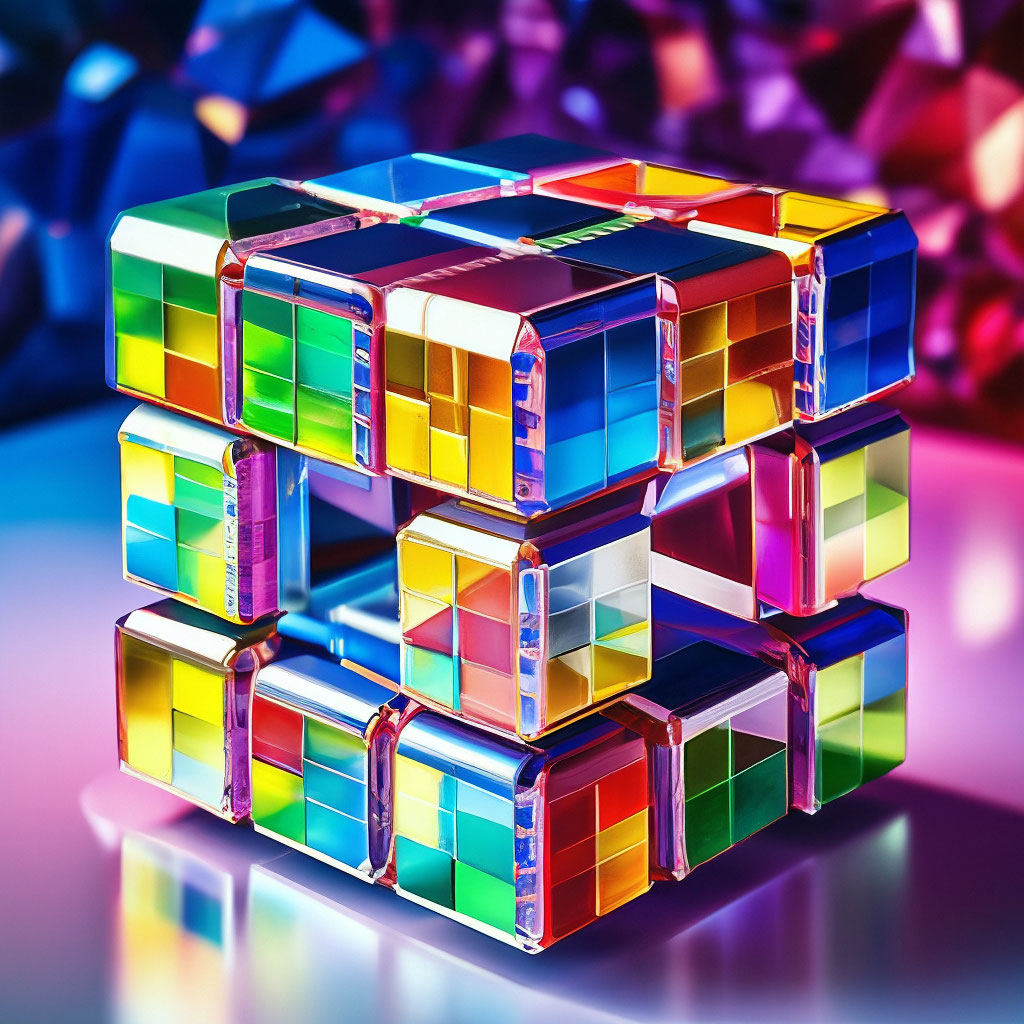 "Rubik's cube.crystal structure,transparency,specularity,rainbow mosaic ...