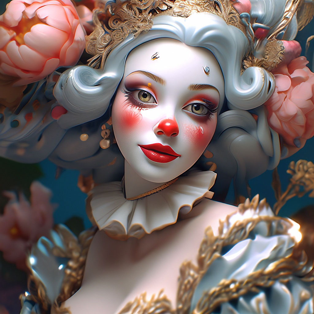 "Epic surrealism, beautiful clownish girl, beautiful big shiny eyes ...