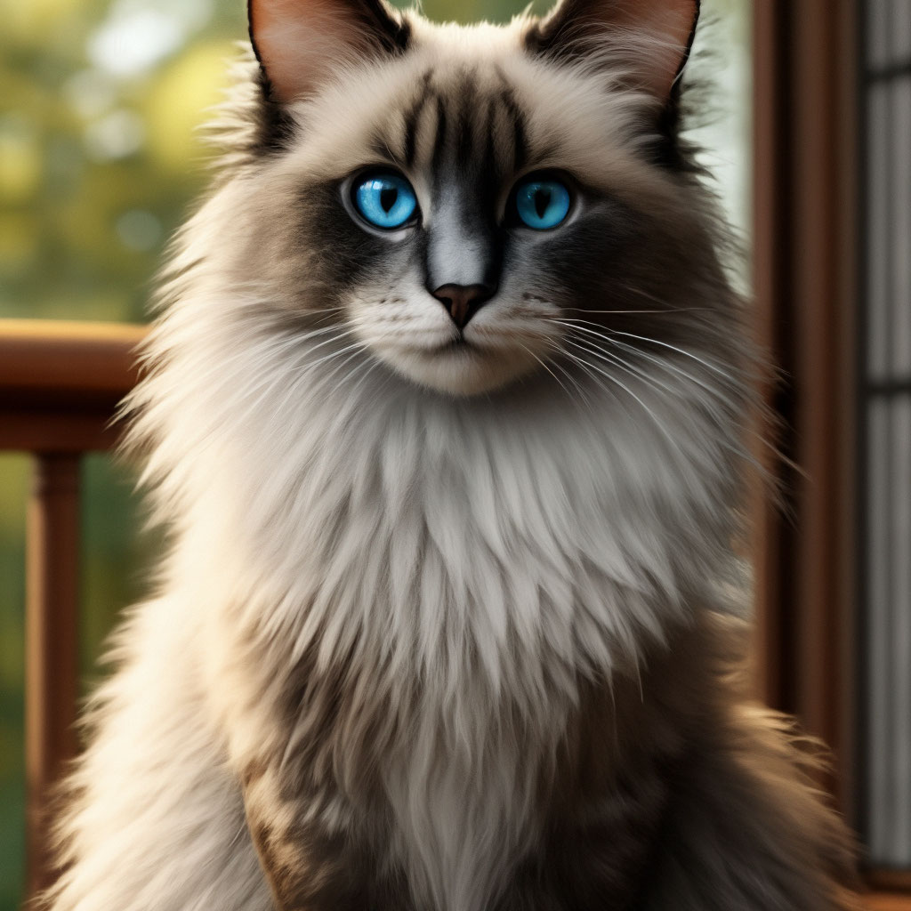 "Hyperrealism, ragdoll cat, sitting on the veranda, hyper-detailing of ...