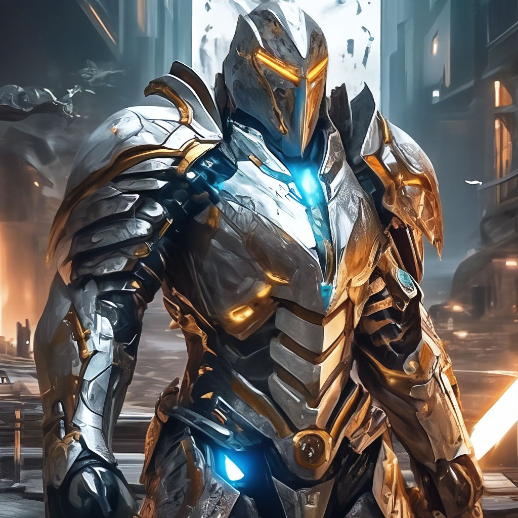 "Iron knight in high-tech armor" — image created in Shedevrum