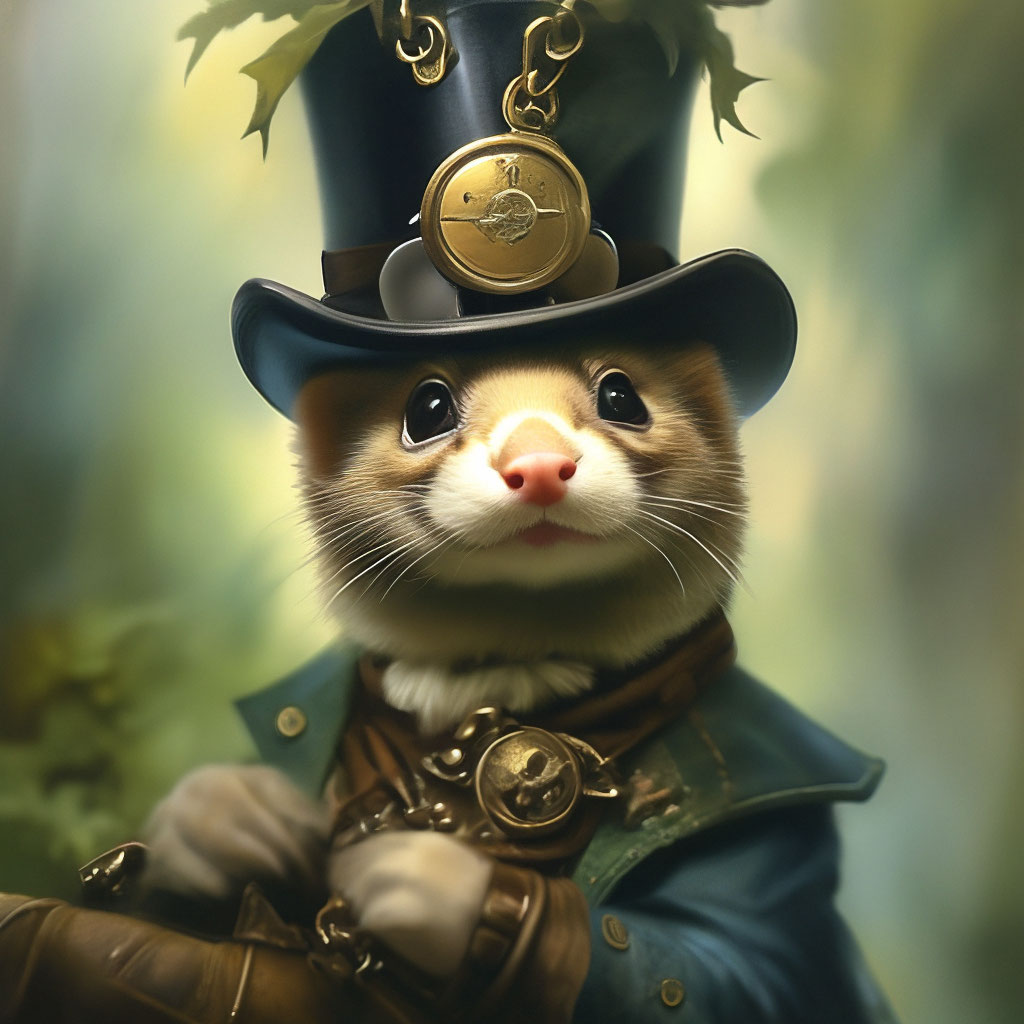 "A ferret in a top hat, a vest, a watch on a chain, steampunk ...