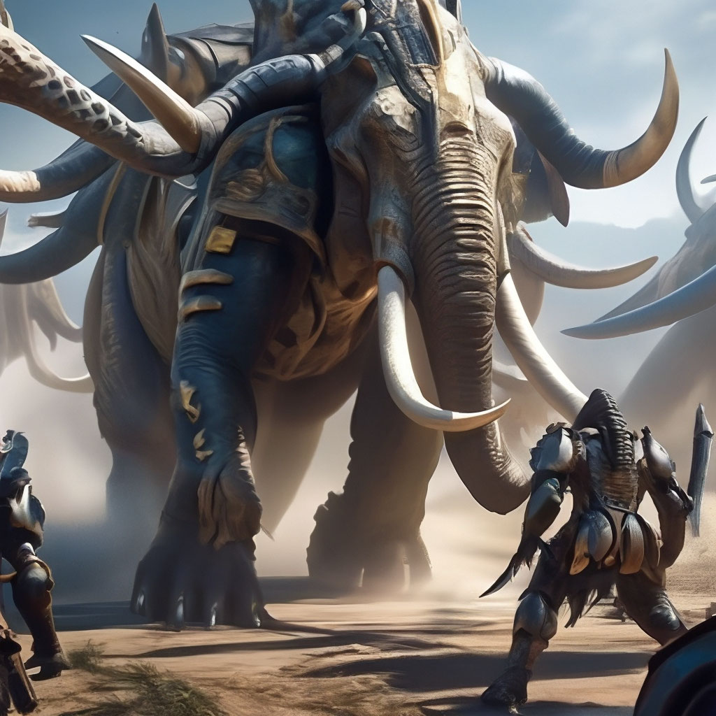 "On the Mastodon in battle, realistic, high detail, high resolution ...