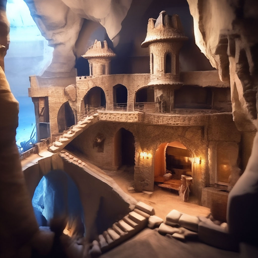 "Cave in the style of an old castle" — image created in Shedevrum