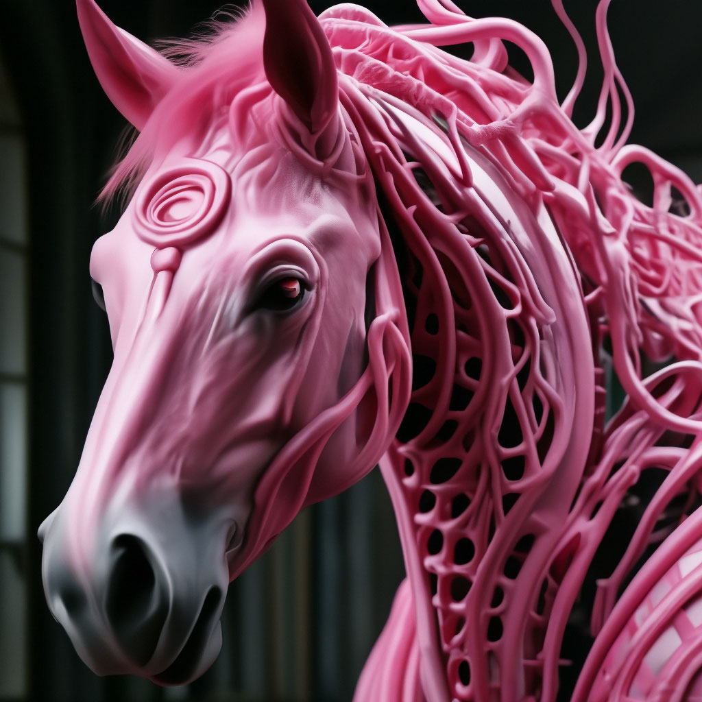 "The pink horse is very scary and creepy hyperrealism hyperdetalization ...