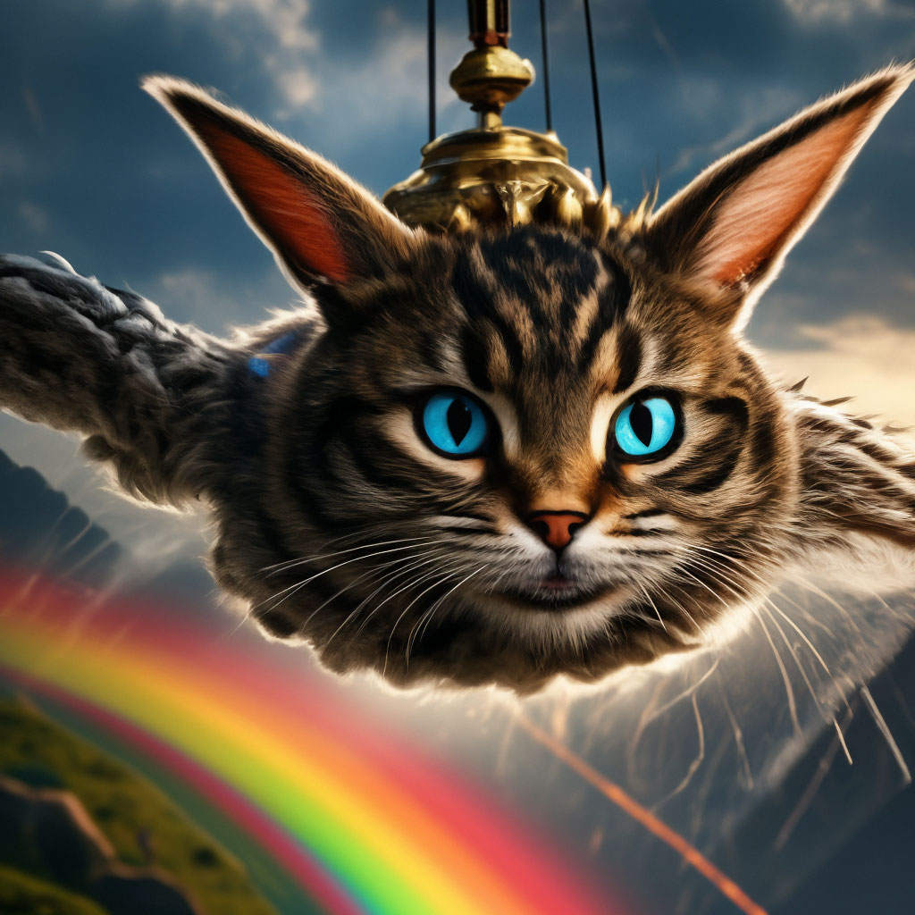 "A detailed carpet helicopter flies past the rainbow jester Cheshire ...