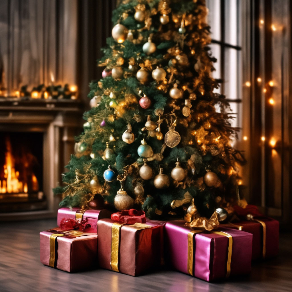 "New Year, fairy tale, mysticism, beauty. Elegant Christmas tree, gifts ...