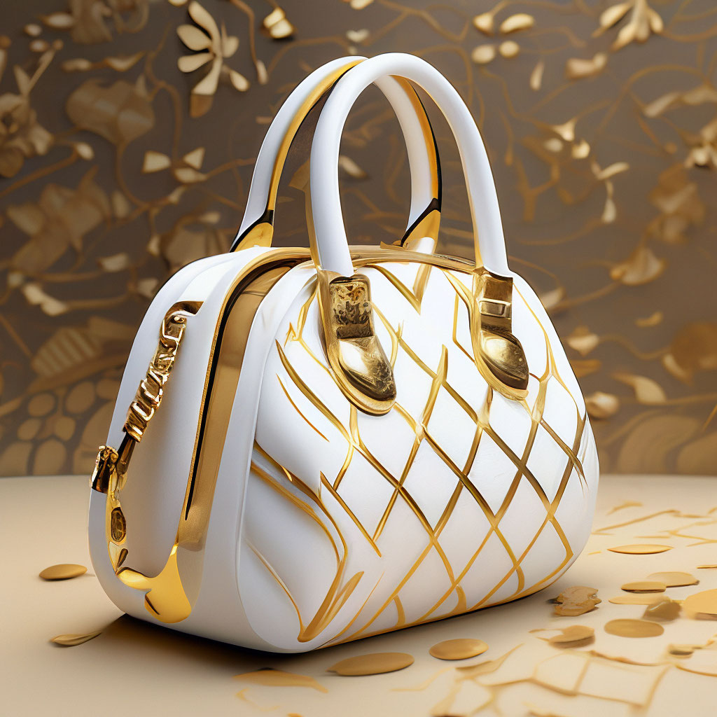 "Bag white color, gold subtle patterns, 3D render, complex background ...