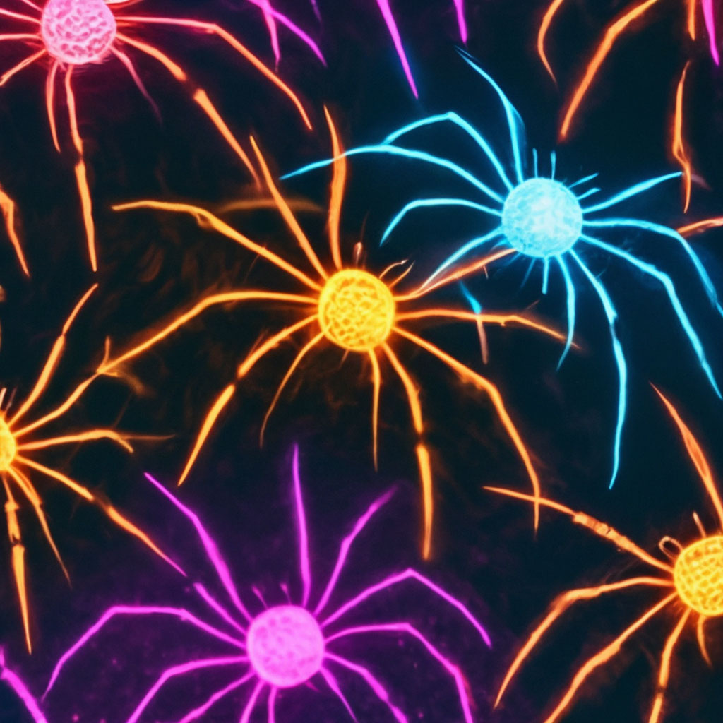 "Chaotic drawing, glowing neon Halloween spiders on a black solid ...