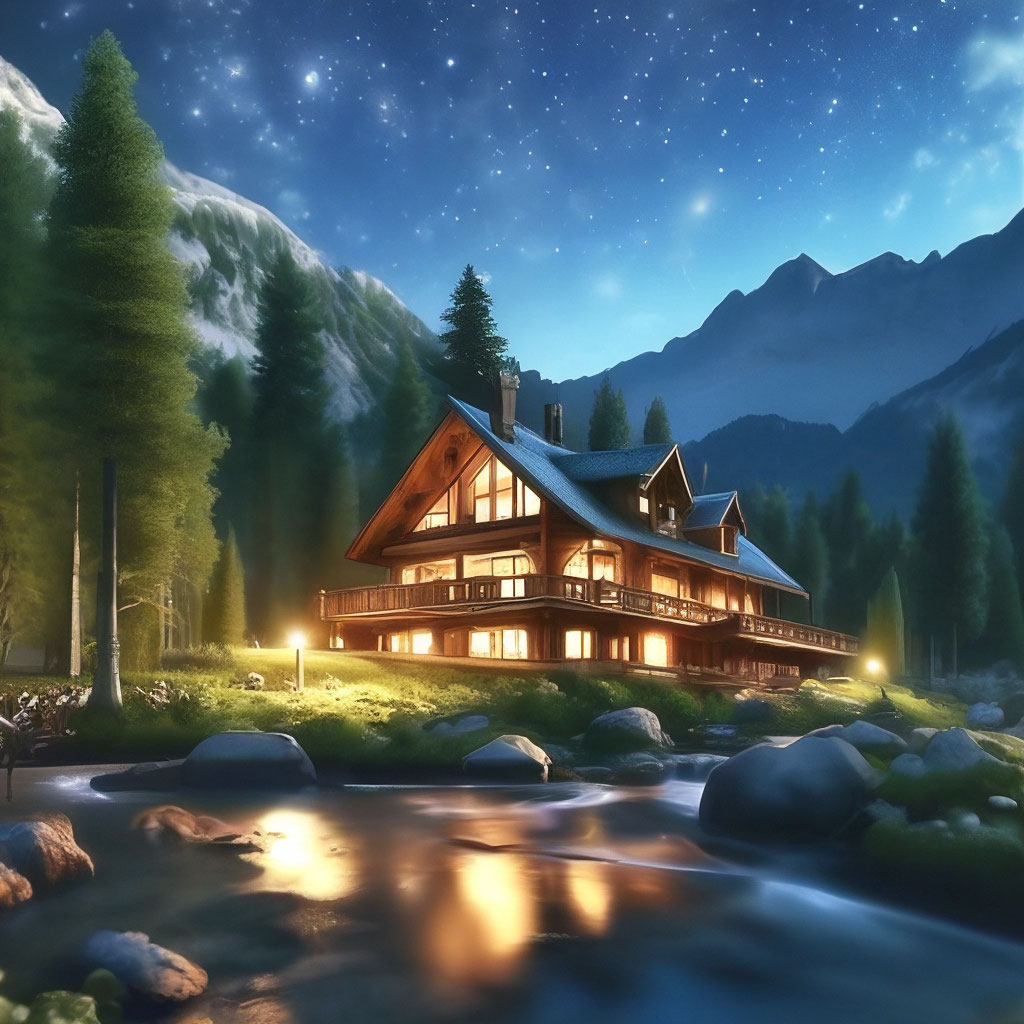 "Night, mountains, starry sky, forest, wooden house by the river , 5d ...