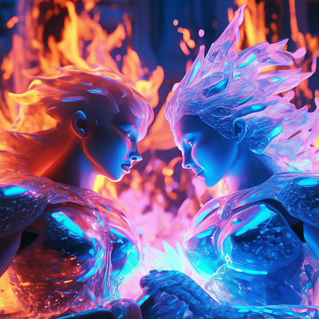 "The battle of fire against ice in the form of people" — image created ...