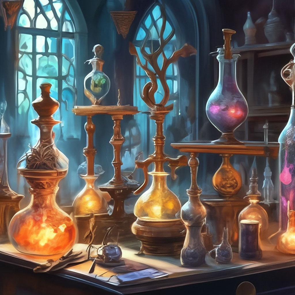 "The alchemist , medieval scientist, alchemical laboratory, flasks ...
