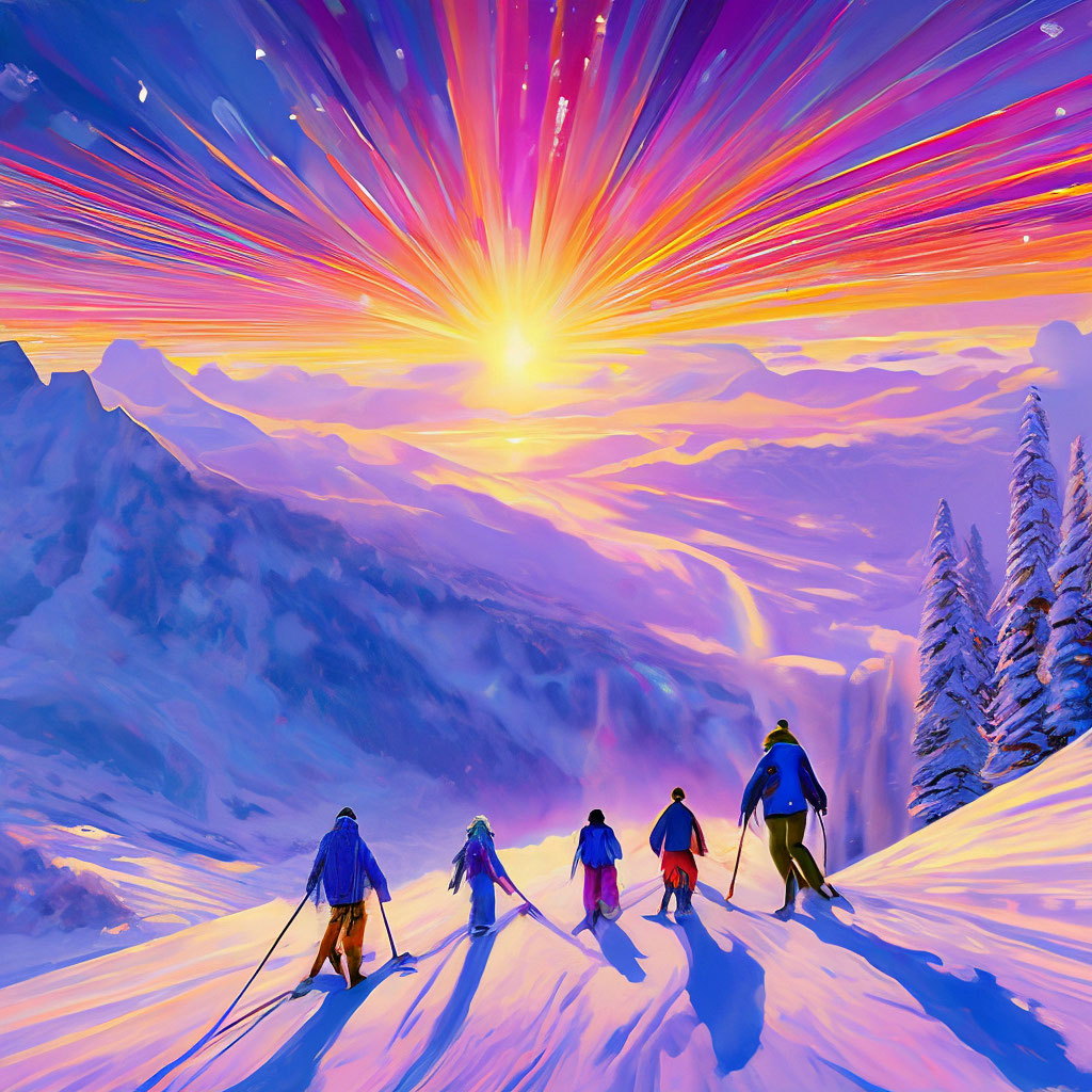 "A family of 5 people skiing on a snow-covered mountain, classic ...