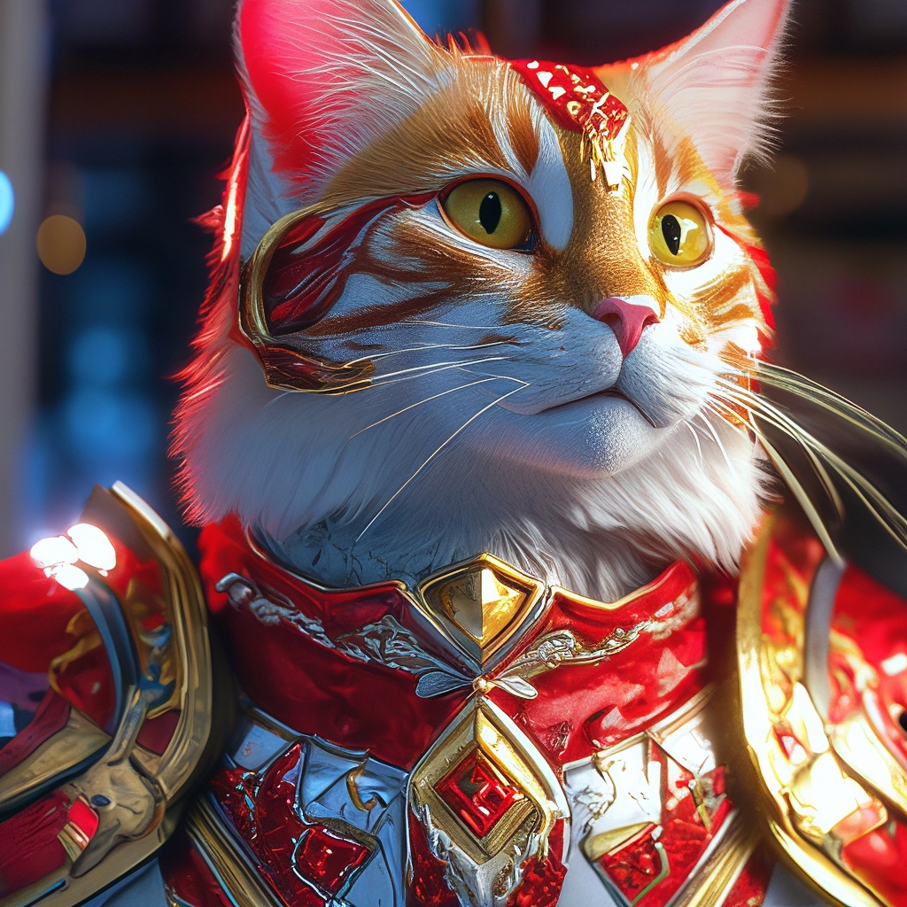 "Hyper realistic beautiful cat in red,gold,white armor, colors,grin ...