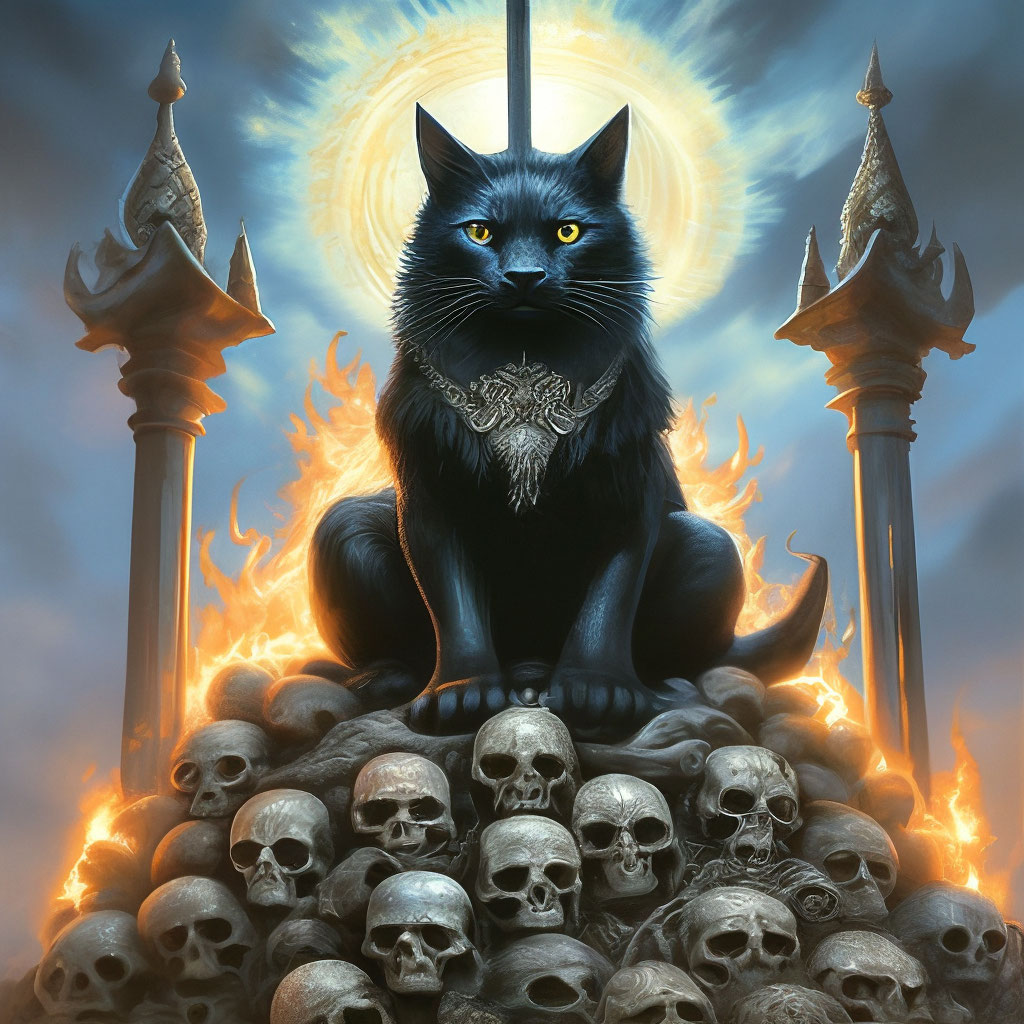 "On a high Iron pole, a black cat Bayun sits, eyes sparkle with flame ...