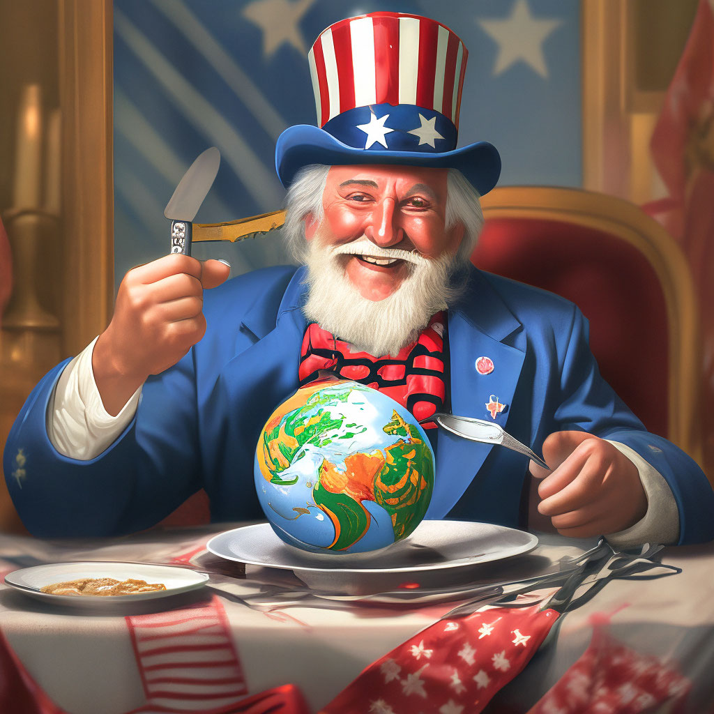 "Uncle Sam eats the globe with a fork and a knife" — image created in ...