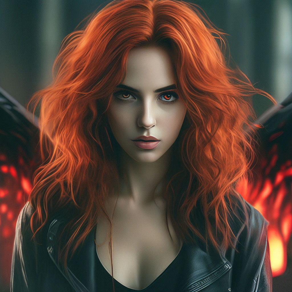 "Lucifer girl, red eyes, fiery hair, realistic" — image created in ...