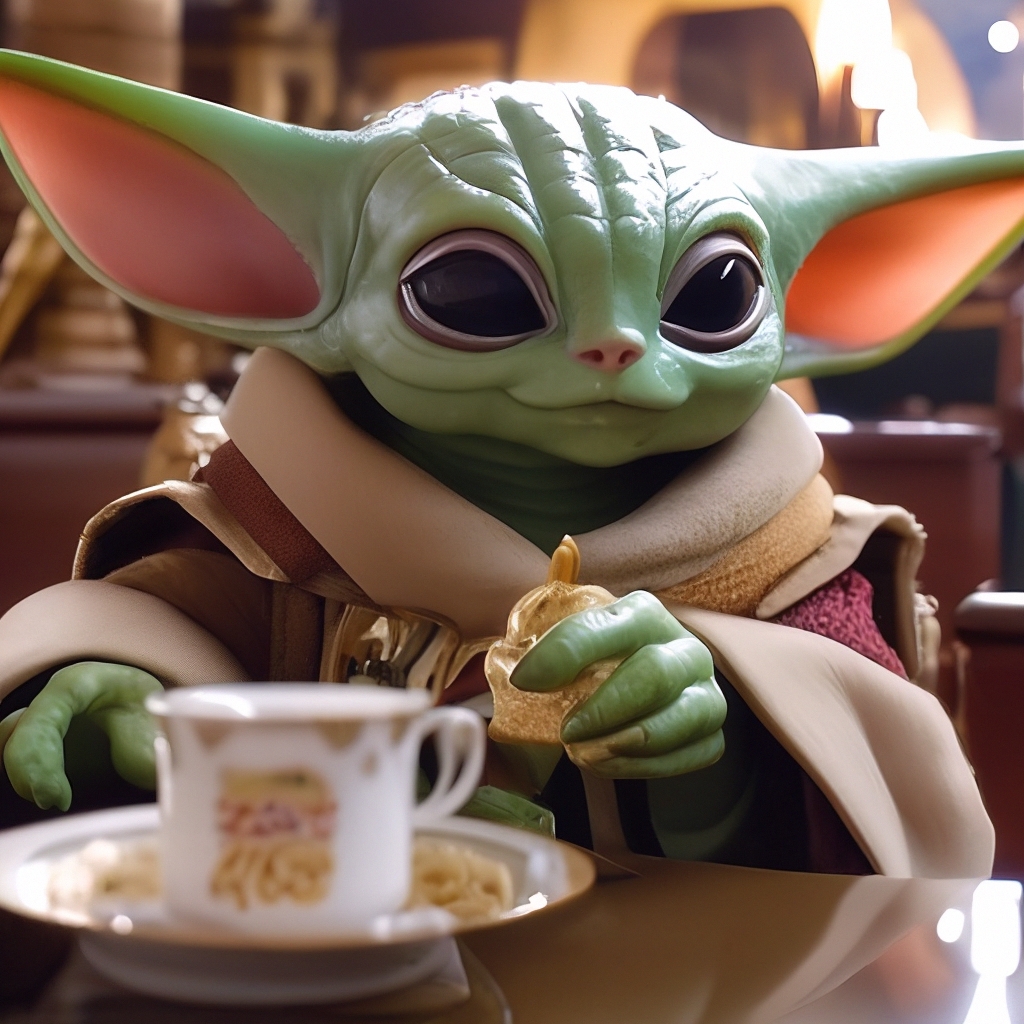 "Grogu drinks tea 🍵 the mandalorian TV series" — image created in Shedevrum