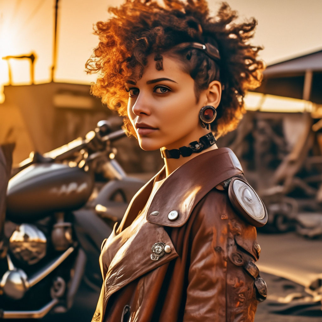 "Post-apocalypse, post-punk, punk, girl with short curly hair, nu ...