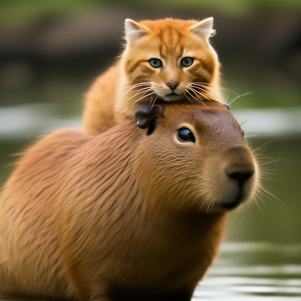 "A cat riding a capybara" — image created in Shedevrum