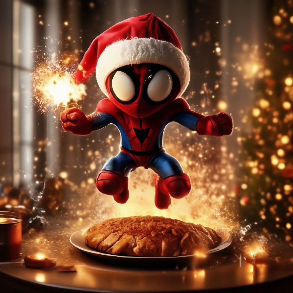 "A cheerful festive baked Spider-Man with bulging eyes jumps and runs ...