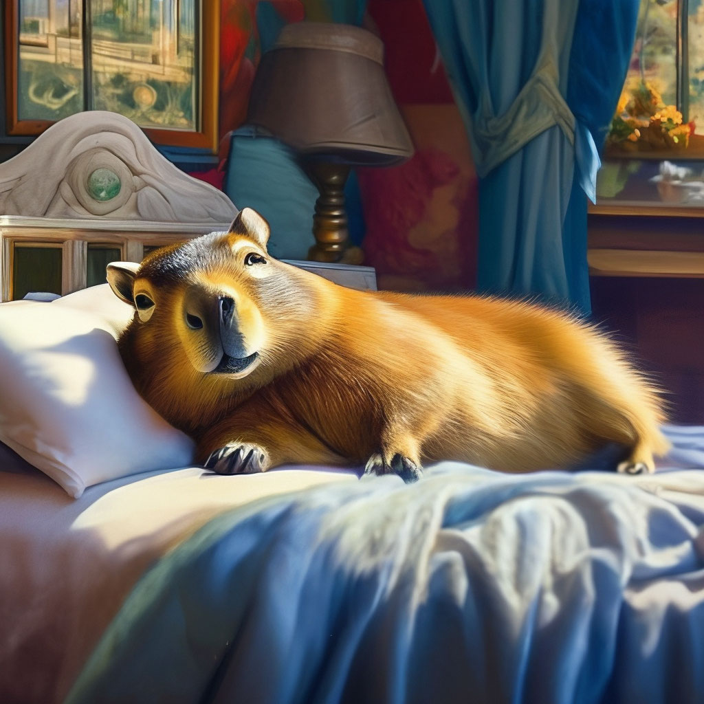 "The capybara sleeps on the bed very nicely" — image created in Shedevrum
