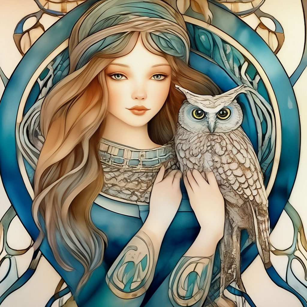 "Bereginya girl with an owl in Art Nouveau watercolor braided patterns ...