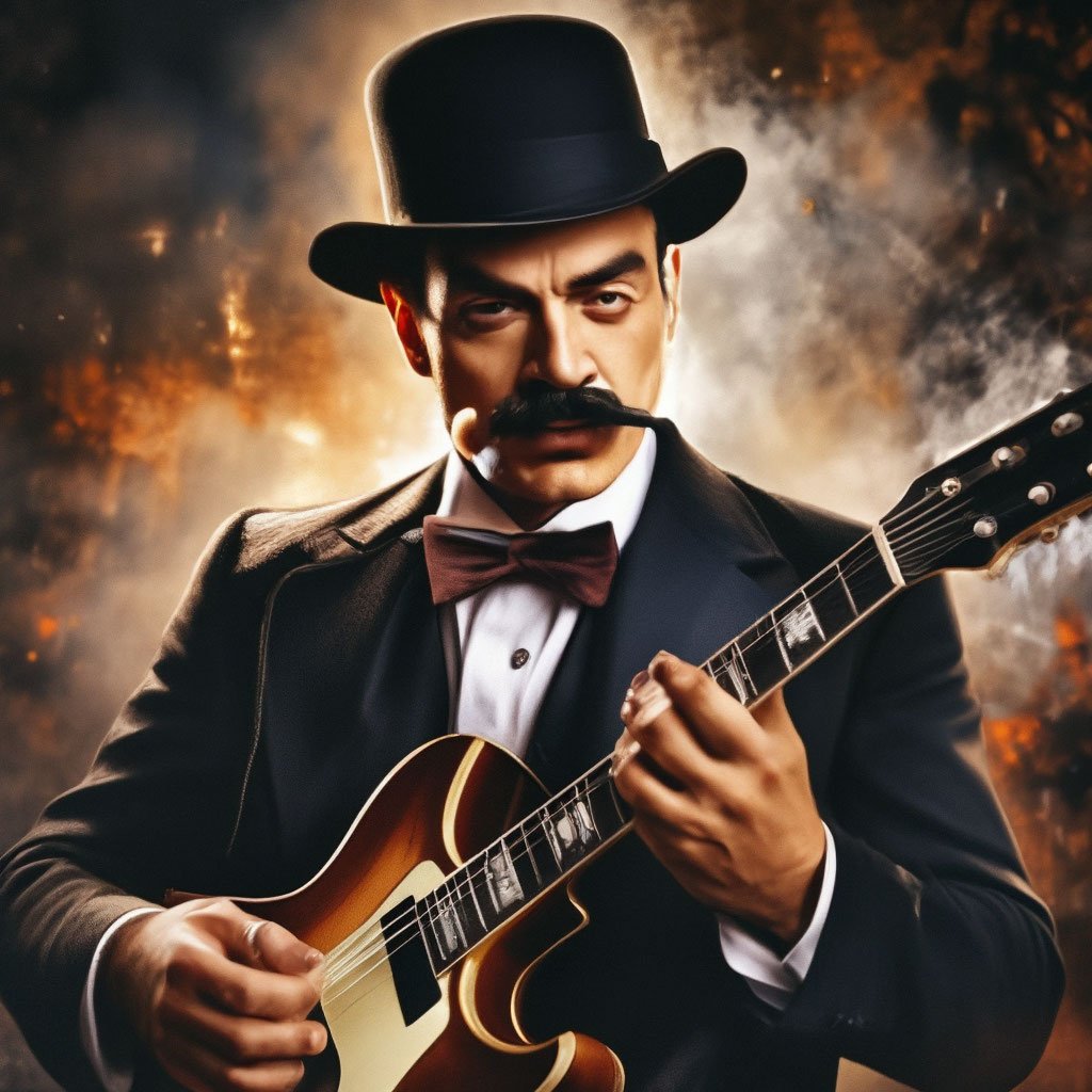 "Hercule Poirot with a pipe in his mouth rock guitarist at a concert ...