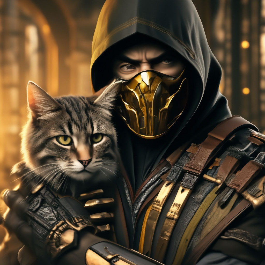 "Scorpion from Mortal Kombat strokes a cat" — image created in Shedevrum
