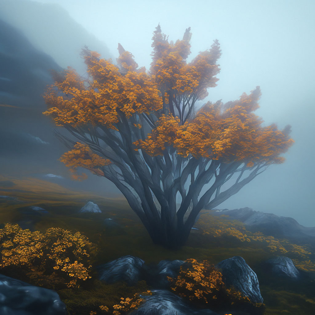 "Mountain ash bush in the fog realistic,beautiful,lumen, alien animals ...