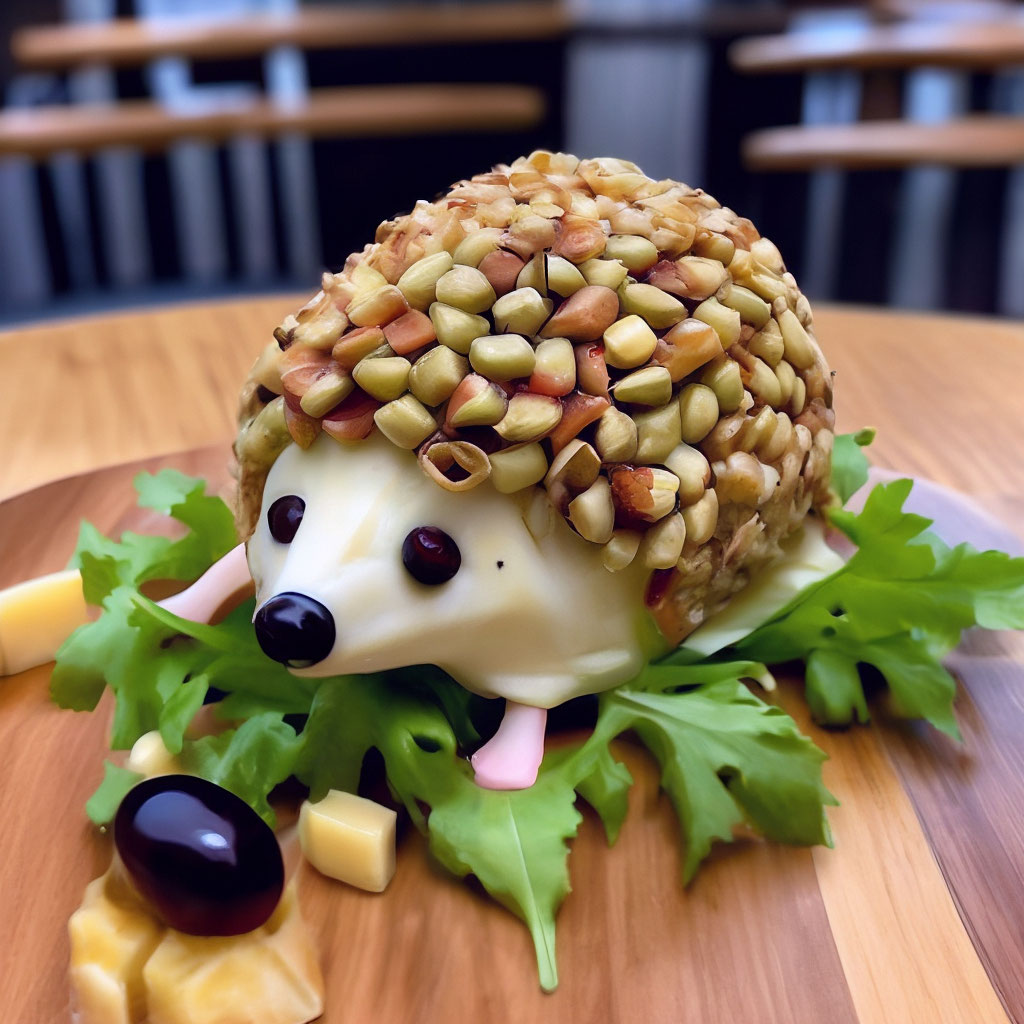 "Hedgehog with cheese and olives" — image created in Shedevrum