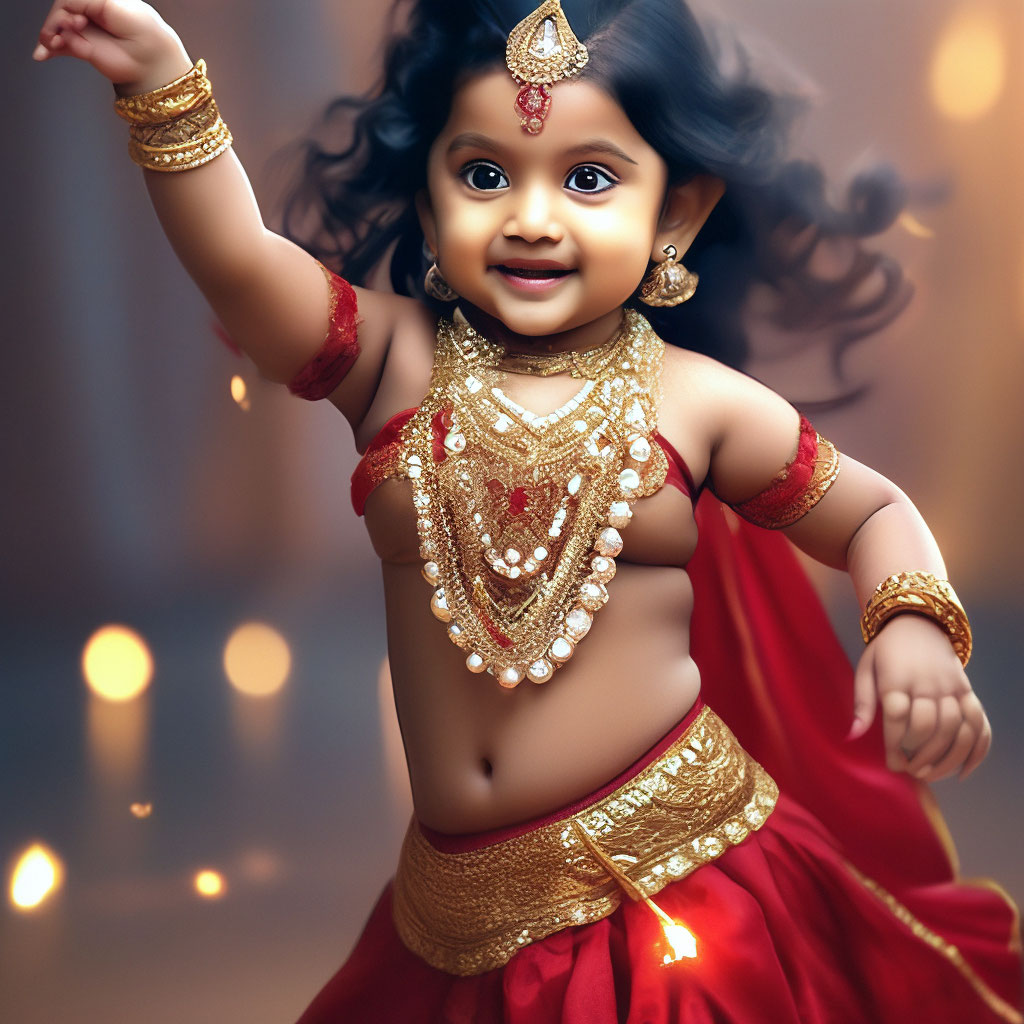 "A very beautiful Indian toddler is dancing a dance in red and gold ...