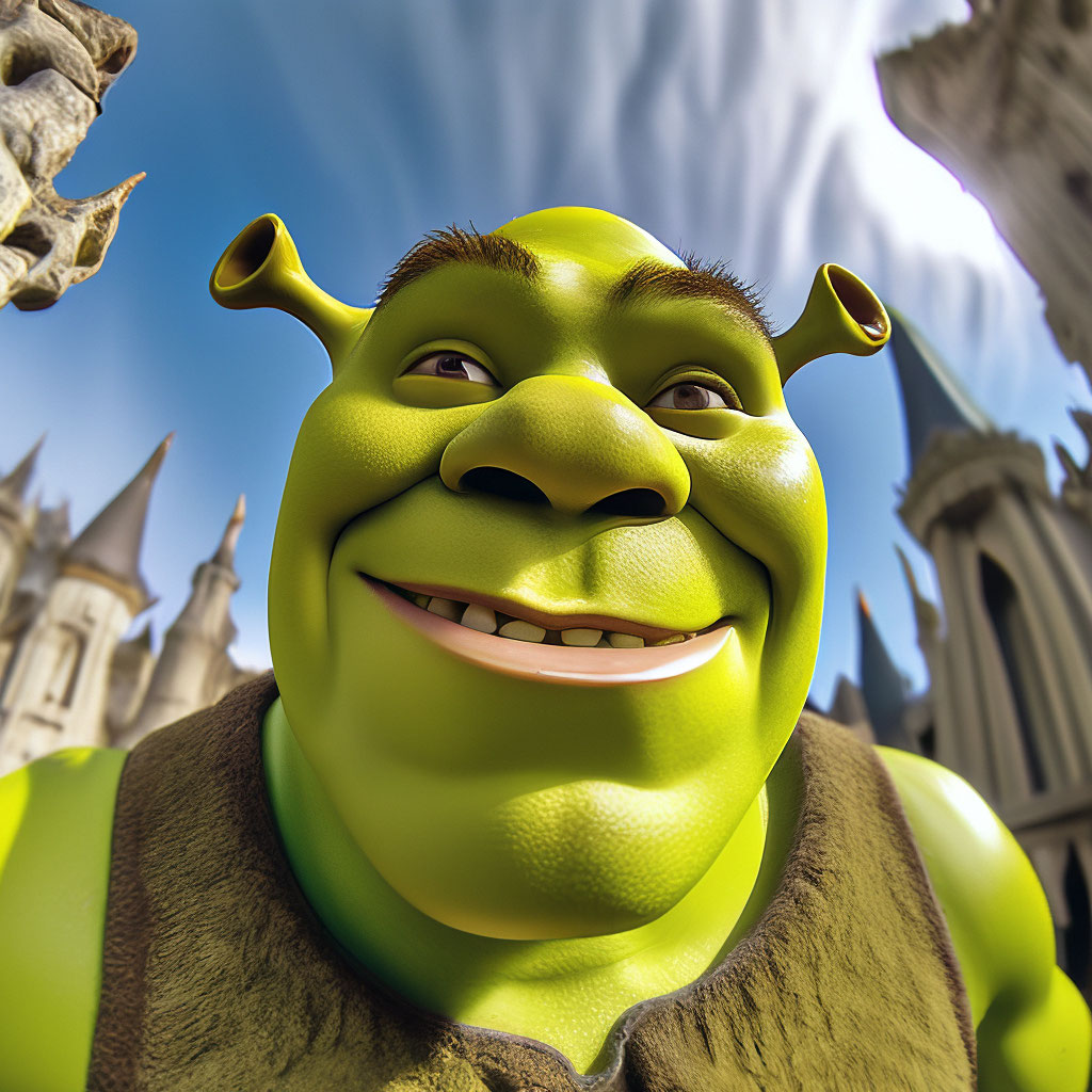 "Shrek's face captured on a wide angle camera" — image created in Shedevrum