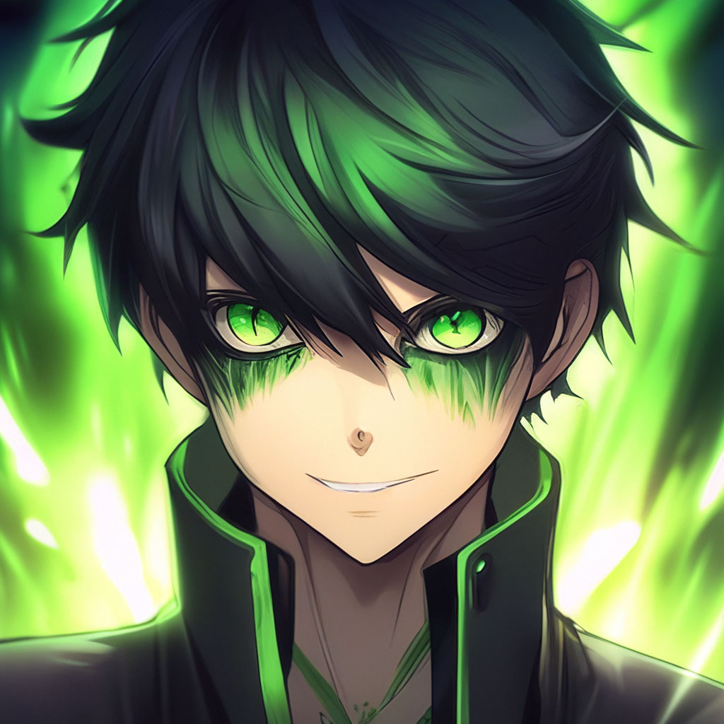 "Guy. Black hair up to the neck with a green streak, dark green eyes ...