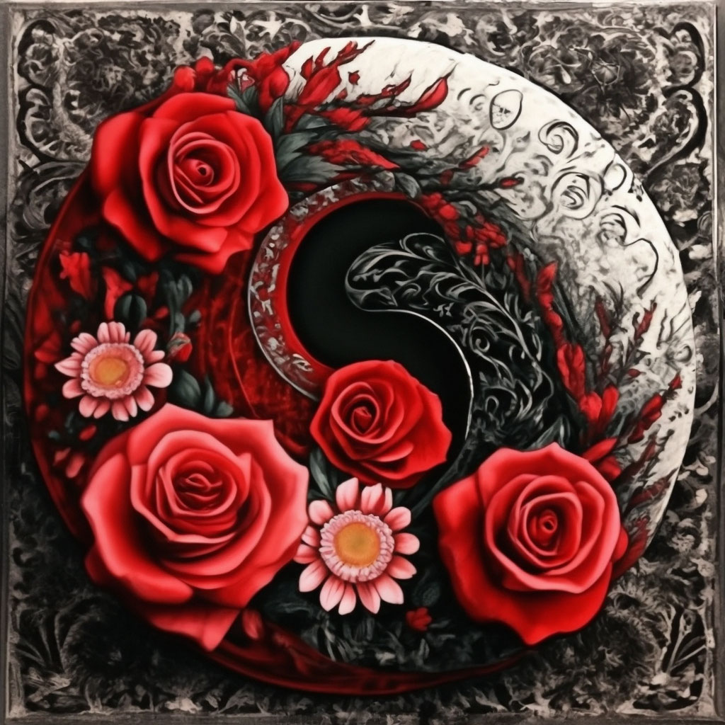"Ying-yang☯️ art,zen,red roses and daisies,colorful ink drawing ...